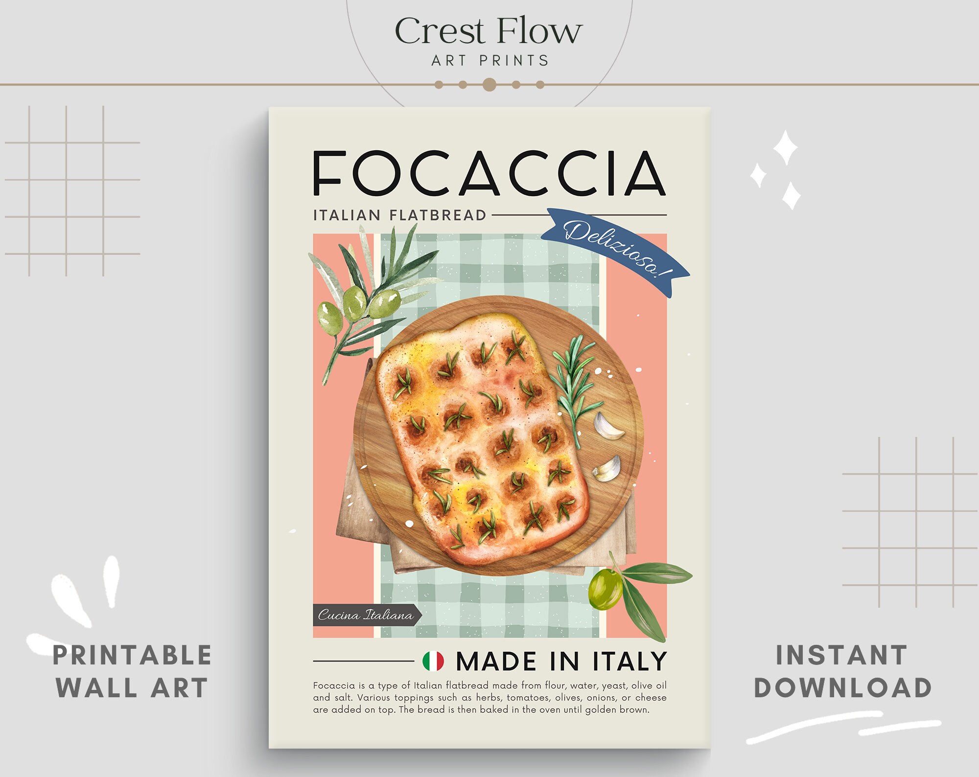 Focaccia Poster Printable | Italian Flatbread Minimalist Digital Print ...