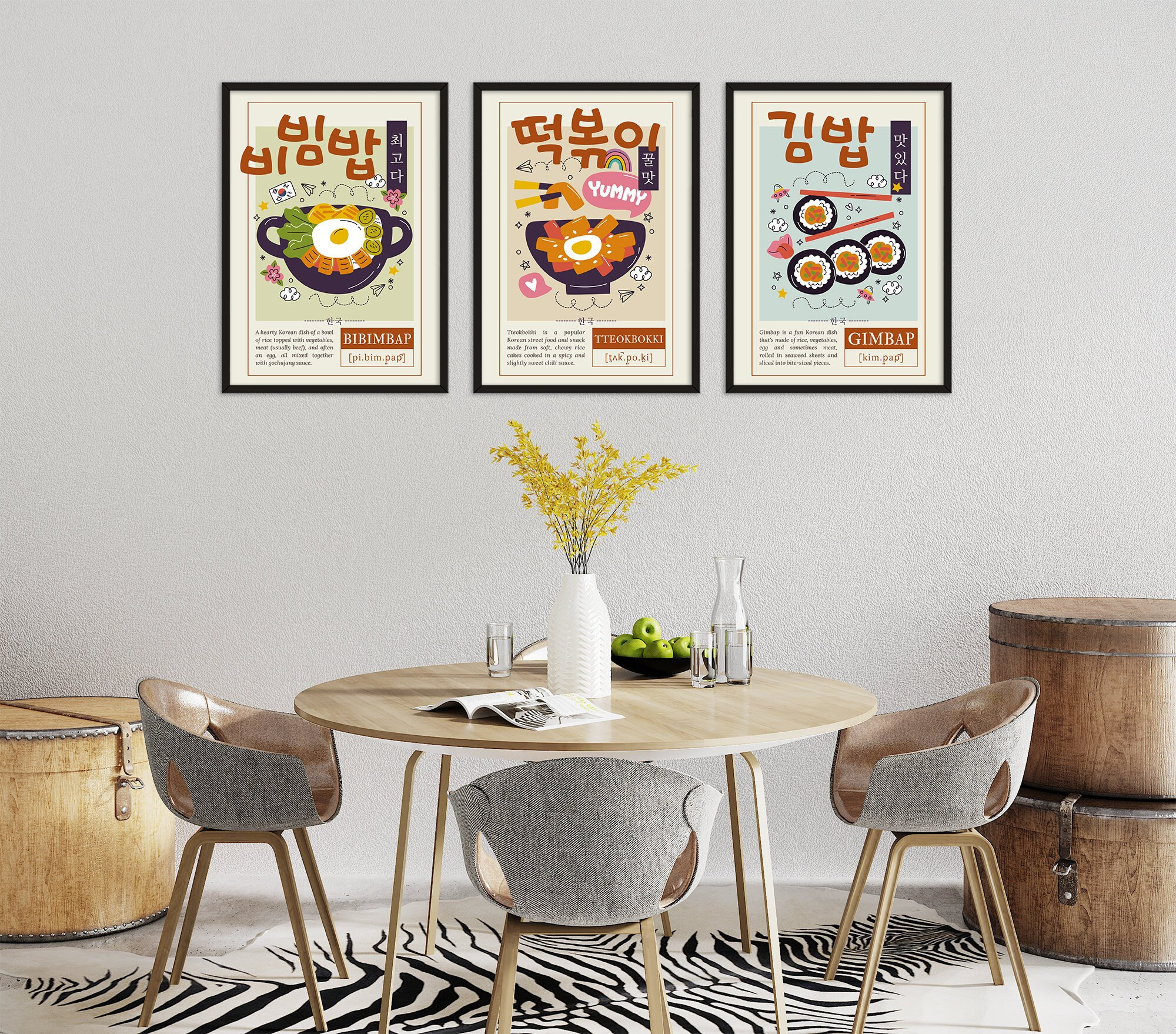 Set of 3 Cute Korean Food Poster Printable | Bibimbap Gimbap Tteokbokki ...