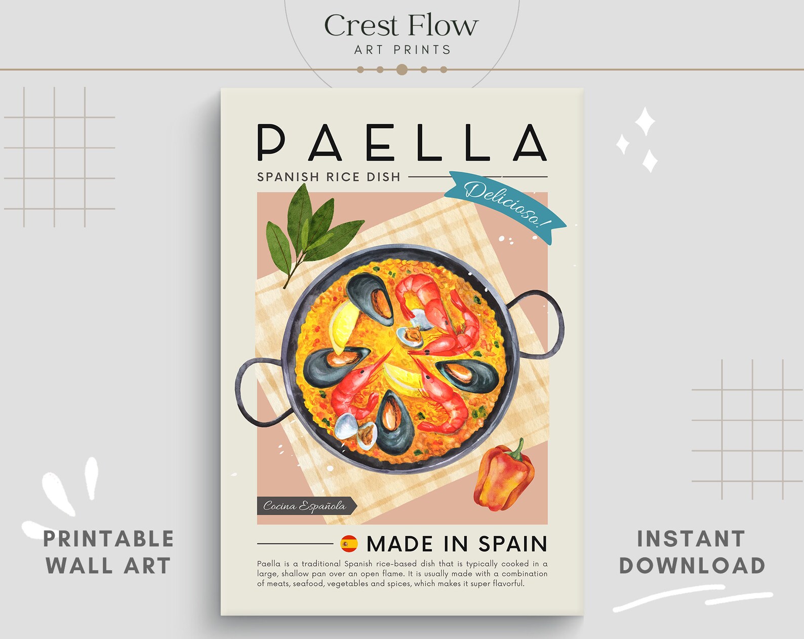Paella Poster Printable | Spanish Rice Dish Minimalist Pop Wall Art ...