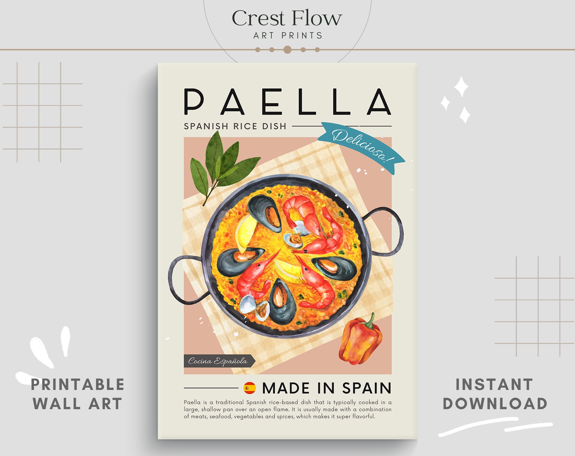 Paella Poster Printable | Spanish Rice Dish Minimalist Pop Wall Art ...