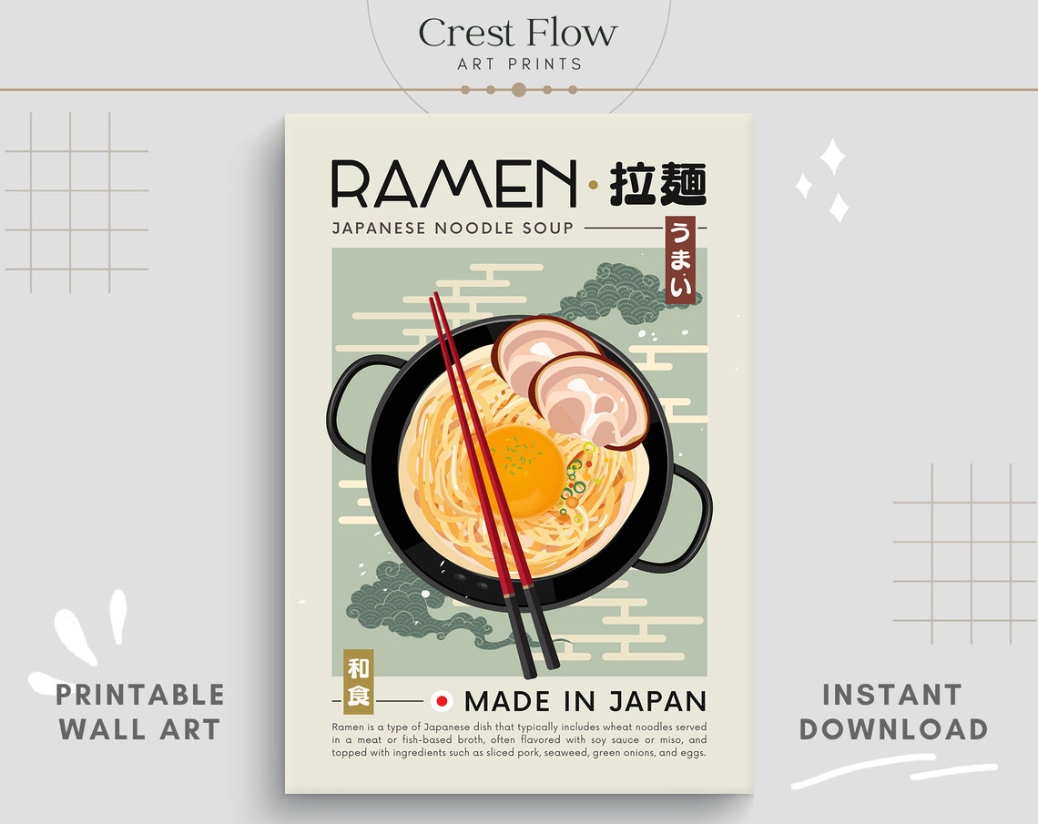 Ramen Printable Wall Art, Japanese Food Minimalist Digital Print, Retro ...