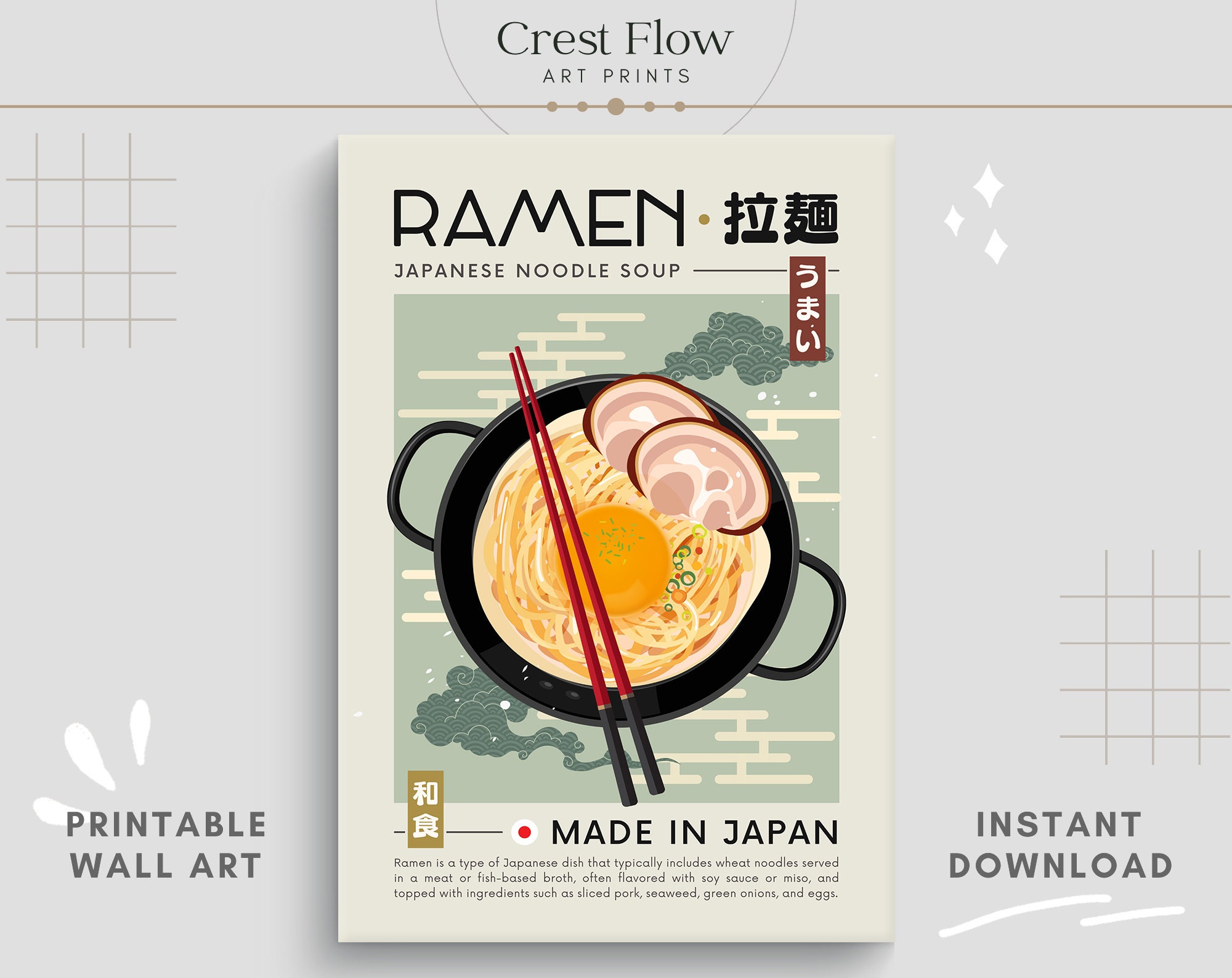 Ramen Printable Wall Art, Japanese Food Minimalist Digital Print, Retro ...
