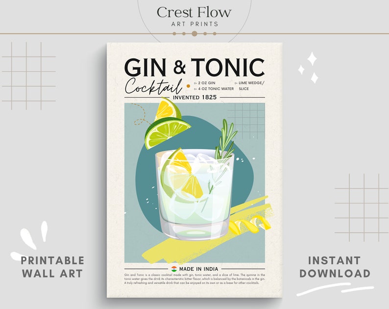 Gin & Tonic Poster Printable | Cocktail Drink Minimalist Wall Art ...