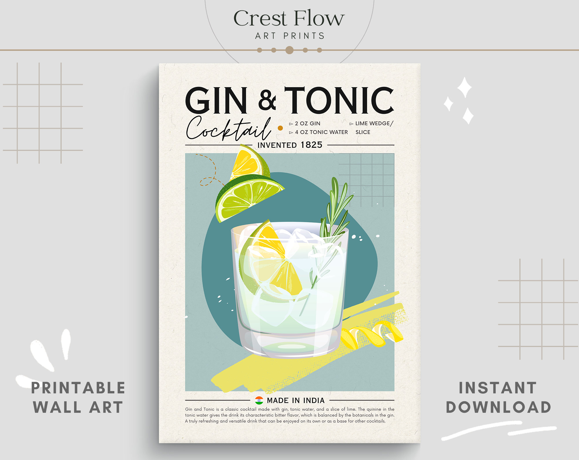 Gin & Tonic Poster Printable | Cocktail Drink Minimalist Wall Art ...