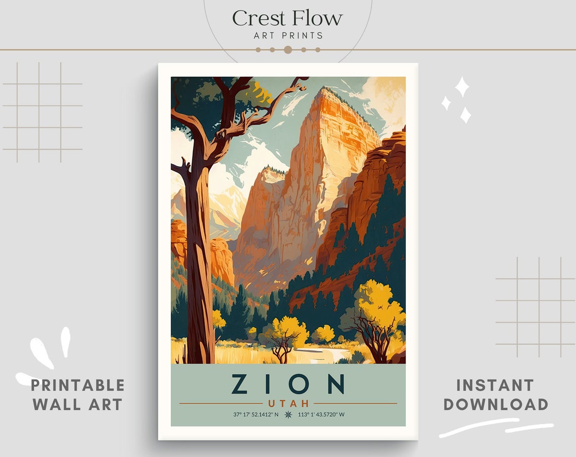 Zion National Park Poster Printable | Utah Mountains Monoliths Retro ...
