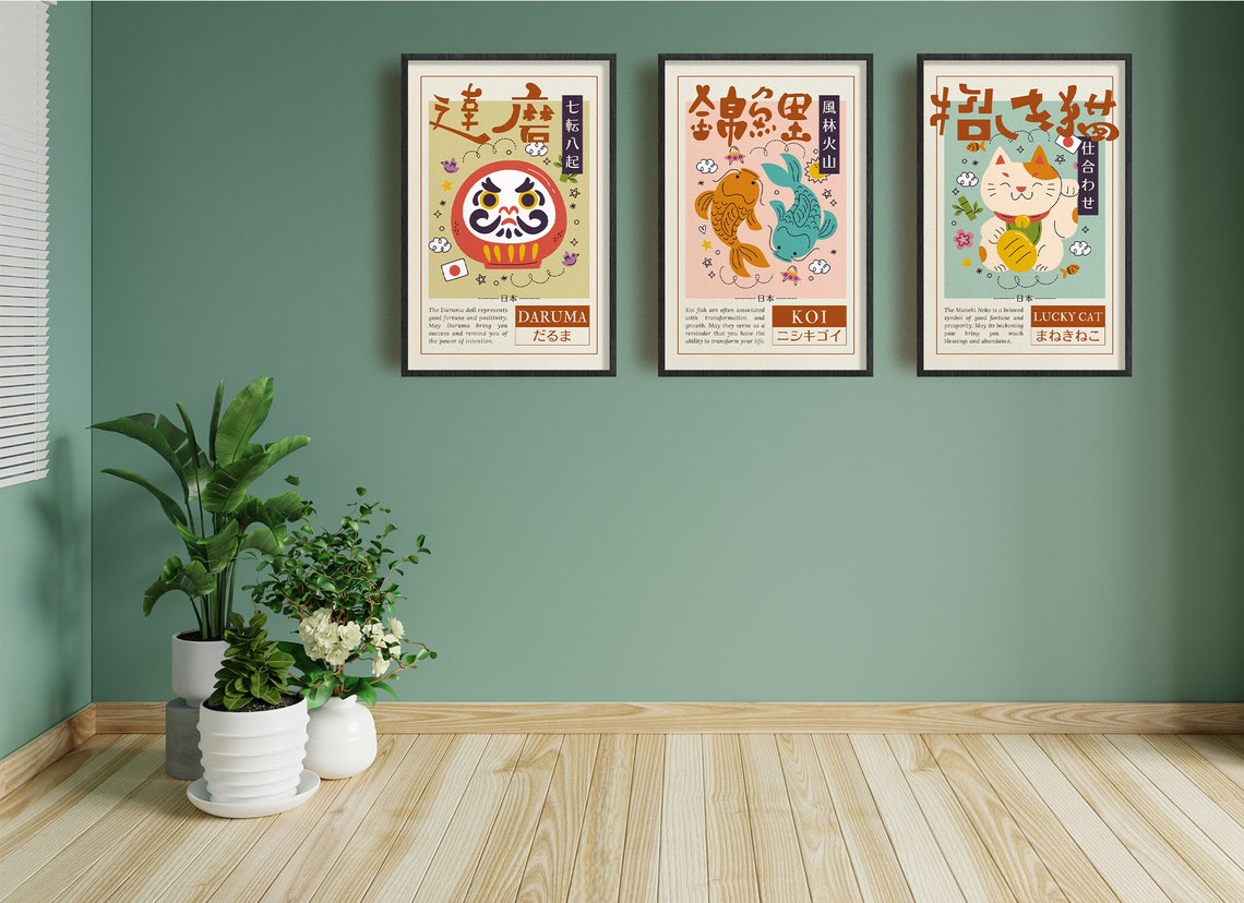Set of 3 Cute Japanese Luck Symbols Poster Printable Kawaii Maneki Neko ...