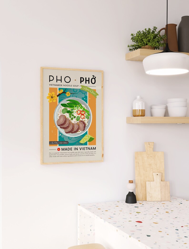 Pho Poster Printable Vietnamese Rice Noodles Minimalist Wall Art Retro ...