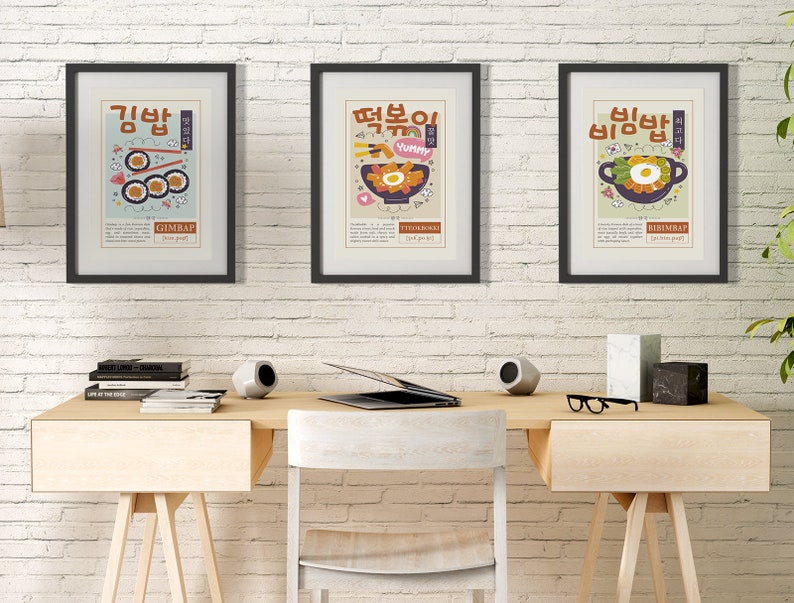 Set of 3 Cute Korean Food Poster Printable | Bibimbap Gimbap Tteokbokki ...