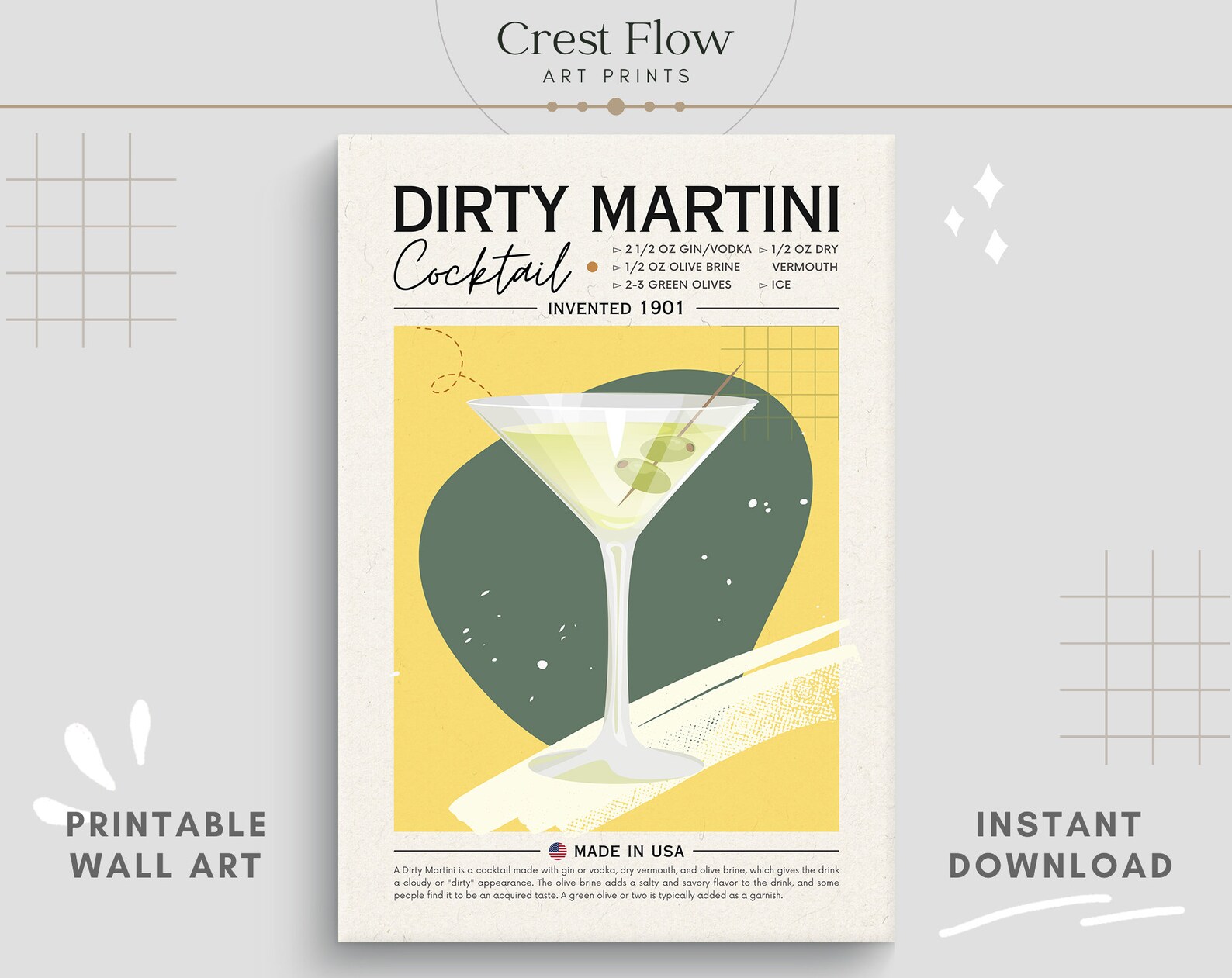 Dirty Martini Poster Printable | Cocktail Drink Minimalist Wall Art ...