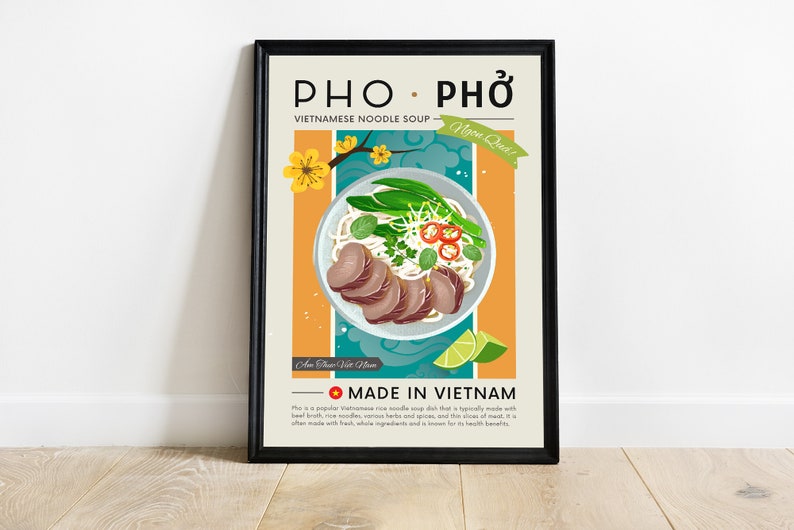 Pho Poster Printable Vietnamese Rice Noodles Minimalist Wall Art Retro ...