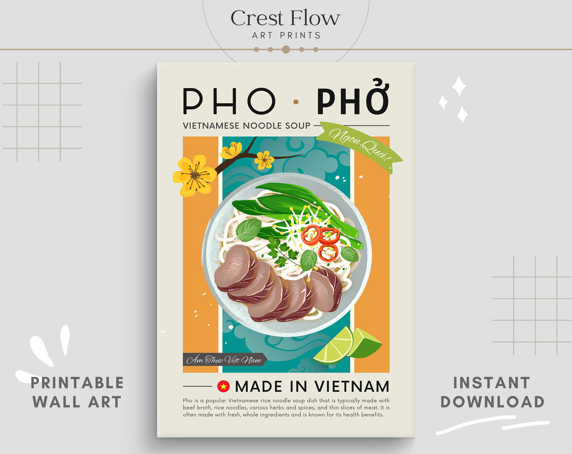 Pho Poster Printable Vietnamese Rice Noodles Minimalist Wall Art Retro ...