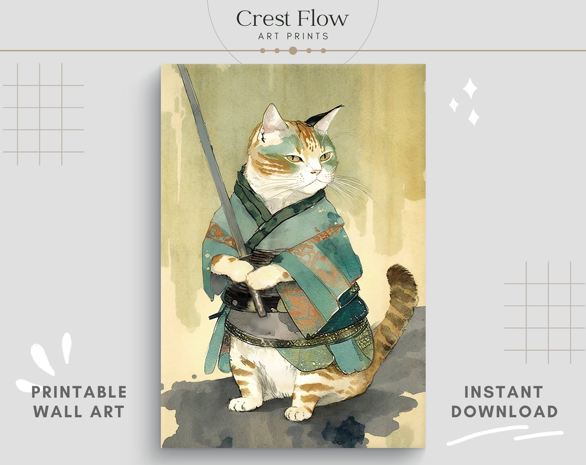 Samurai Warrior Cat Printable Wall Art Japanese Vintage Style Animal ...