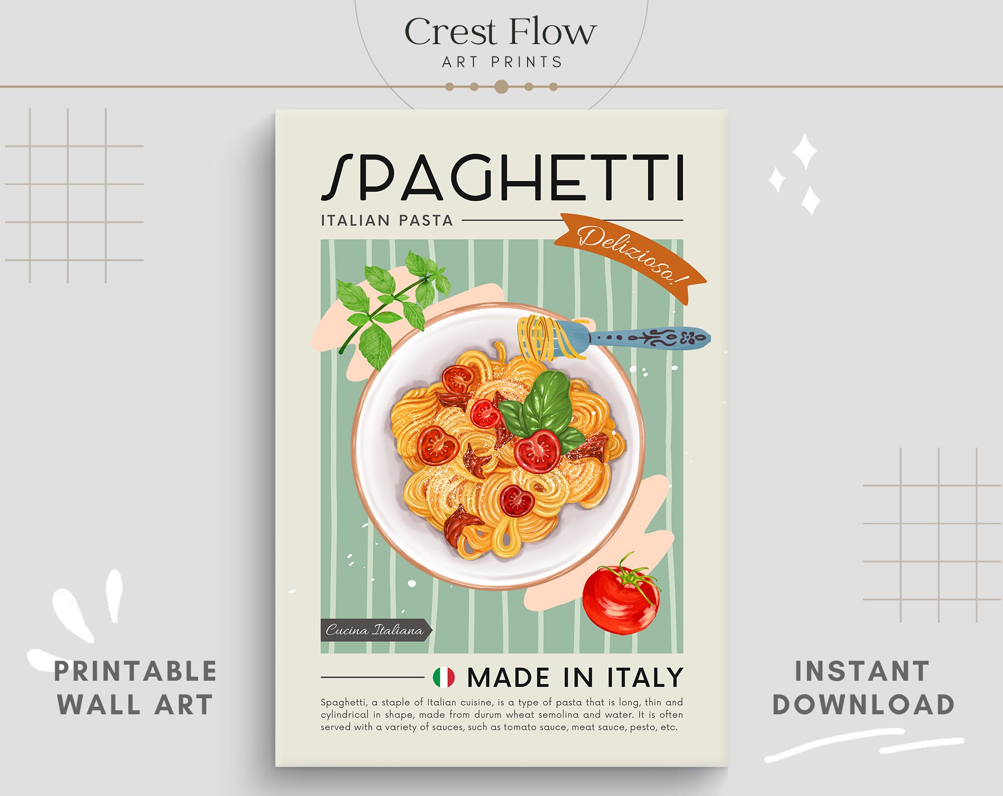 Spaghetti Poster Printable Italian Pasta Minimalist Digital Print Wall ...