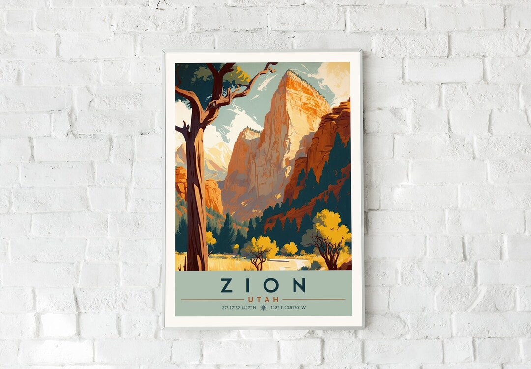 Zion National Park Poster Printable | Utah Mountains Monoliths Retro ...