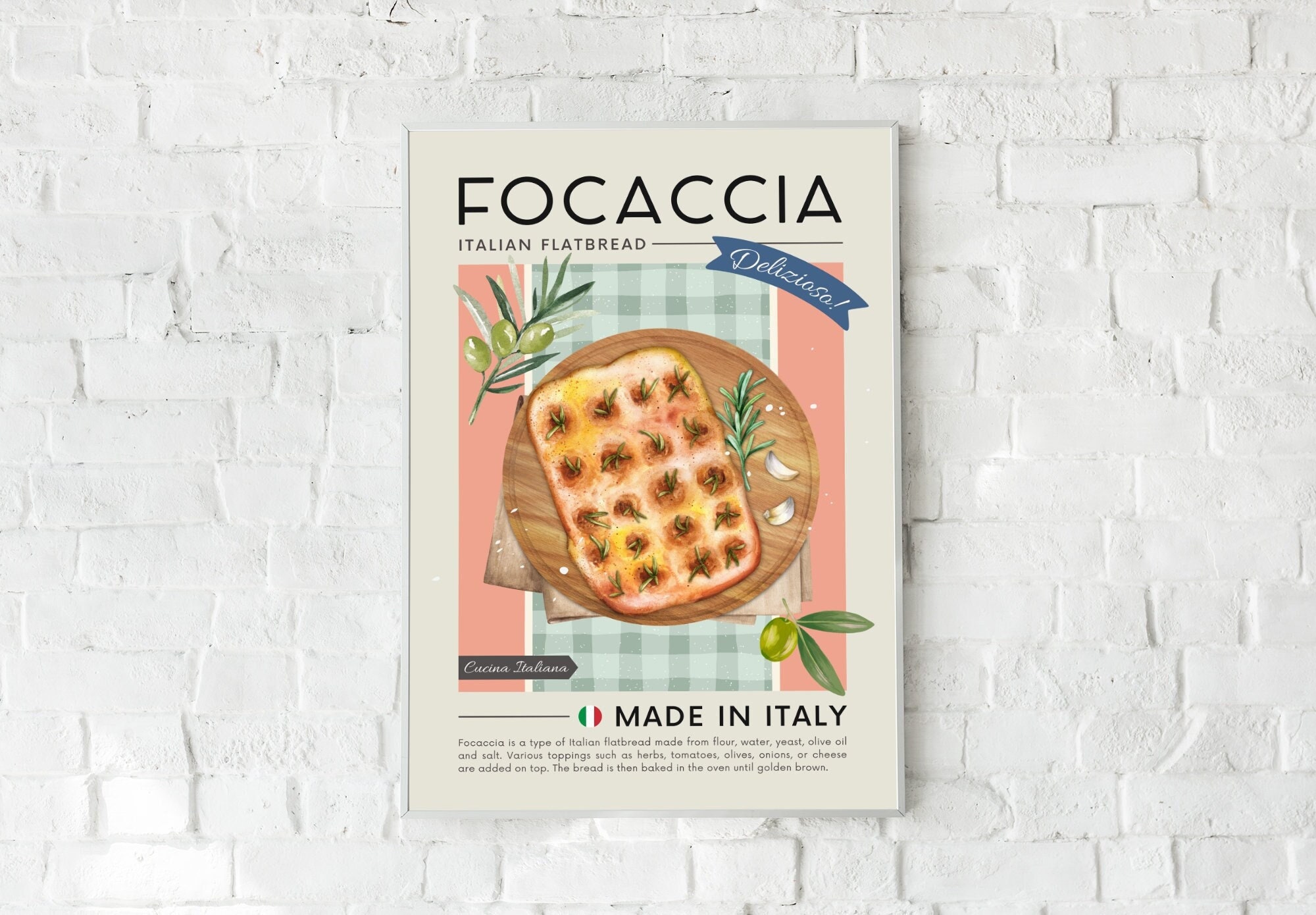 Focaccia Poster Printable | Italian Flatbread Minimalist Digital Print ...
