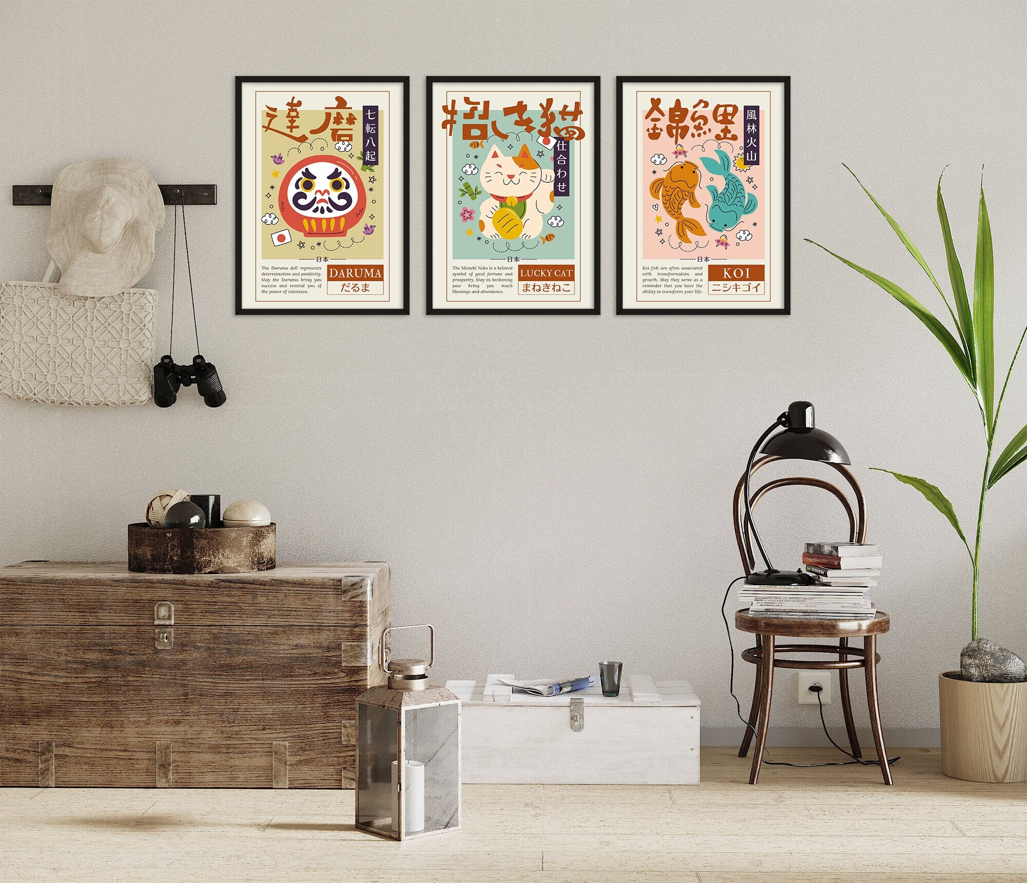 Set of 3 Cute Japanese Luck Symbols Poster Printable | Kawaii Maneki ...