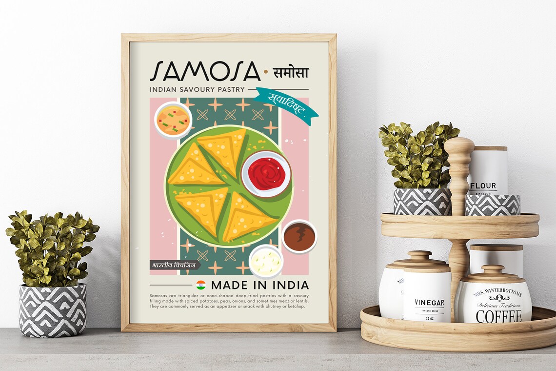 Samosa Poster Printable | Indian Pastry Minimalist Wall Art | Retro ...
