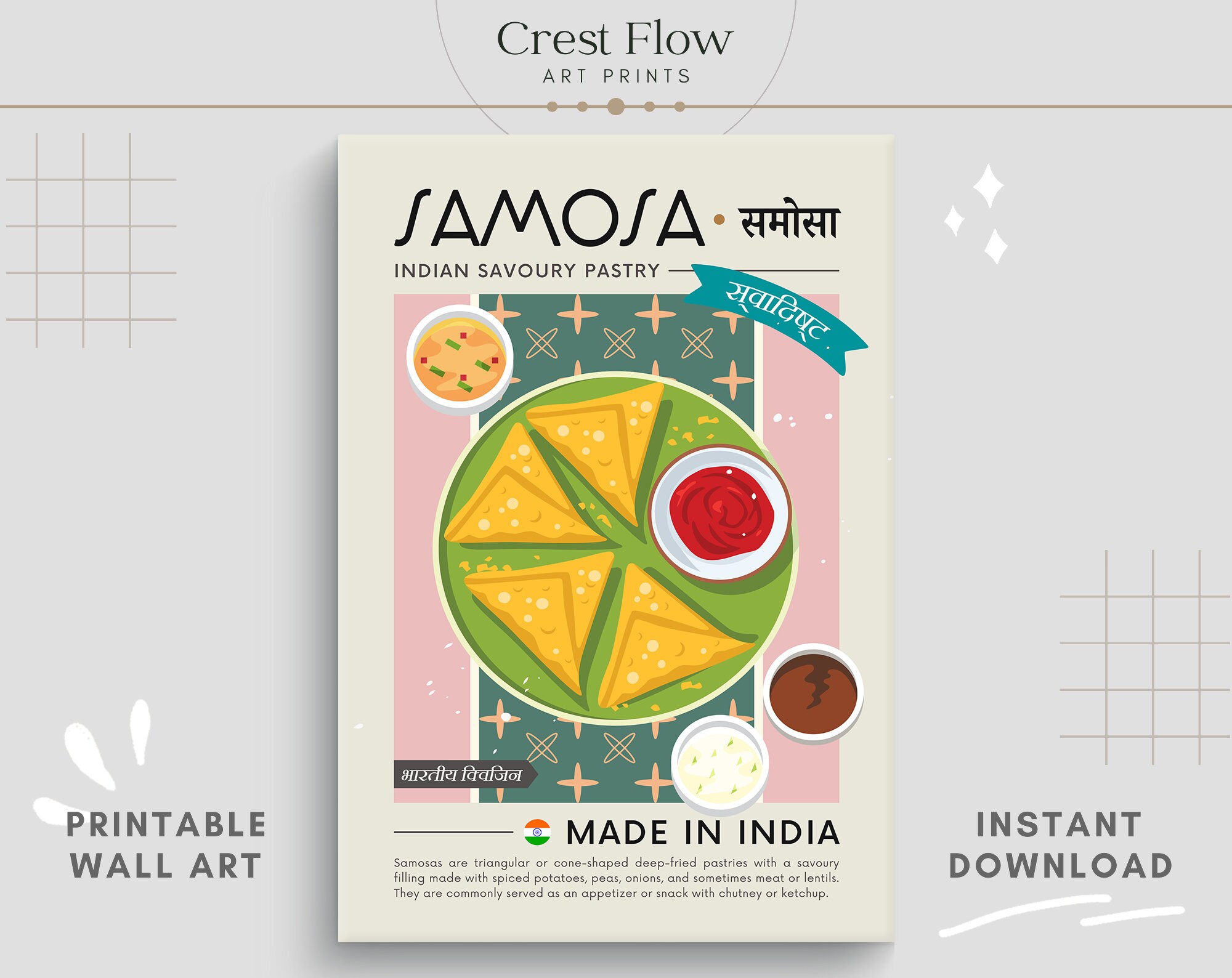 Samosa Poster Printable | Indian Pastry Minimalist Wall Art | Retro ...