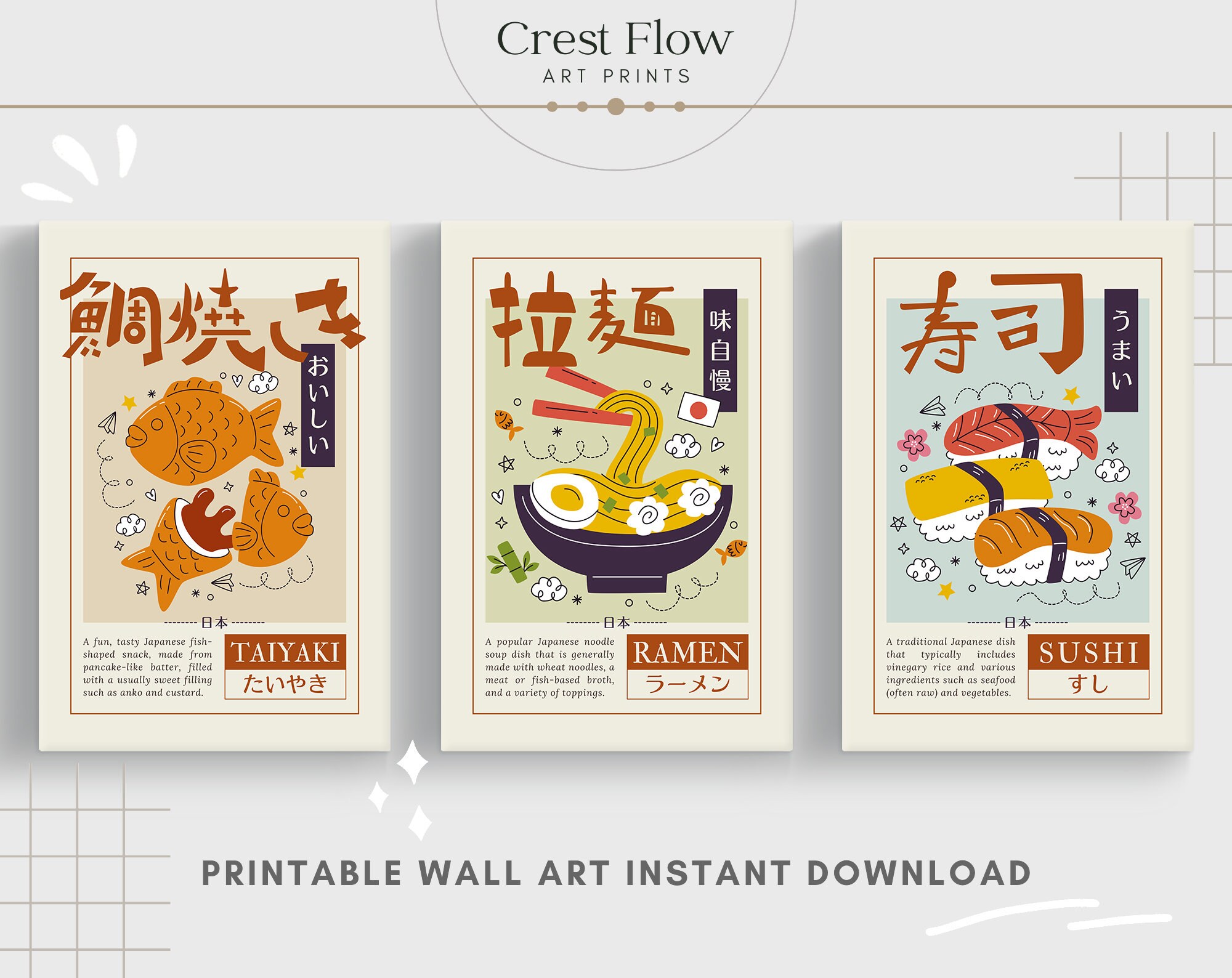 Set of 3 Cute Japanese Food Poster Printable Ramen Taiyaki Sushi ...