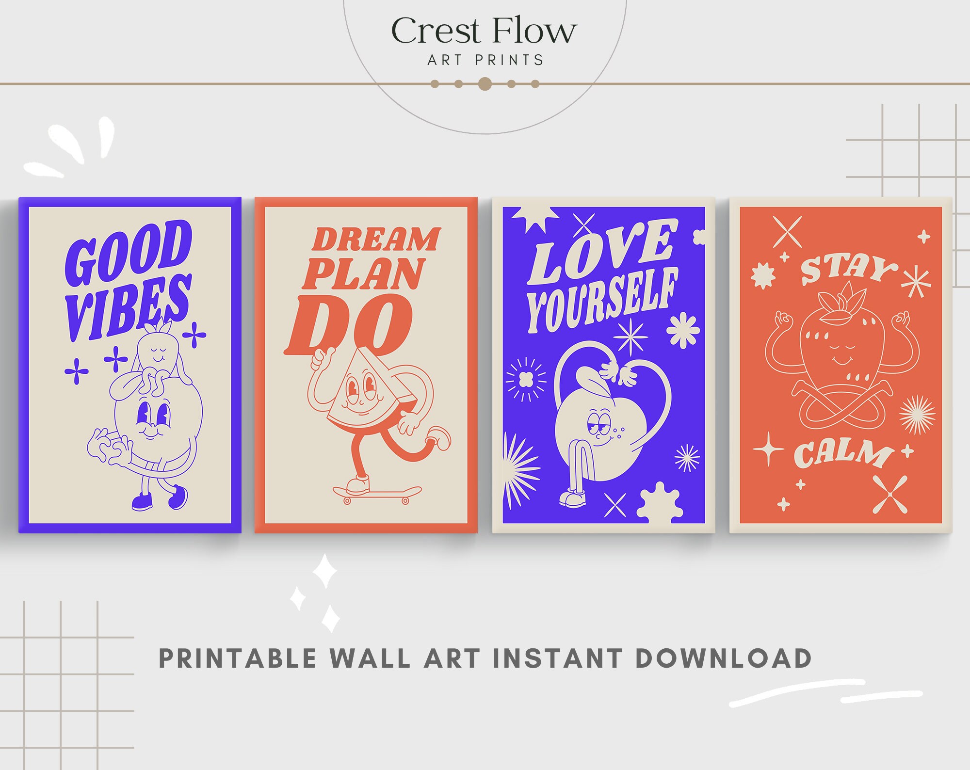 Set of 4 Retro Groovy Poster Printable, 70s Vintage Fun Fruits ...