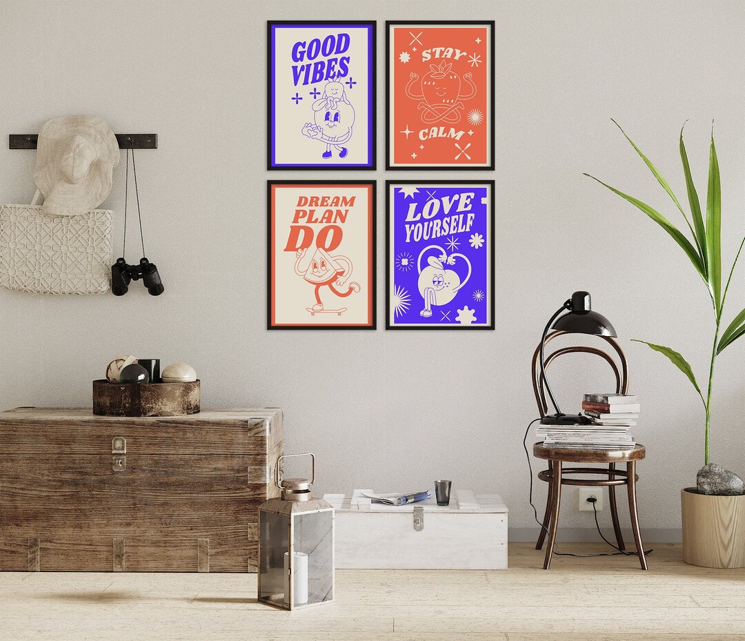 Set of 4 Retro Groovy Poster Printable, 70s Vintage Fun Fruits ...