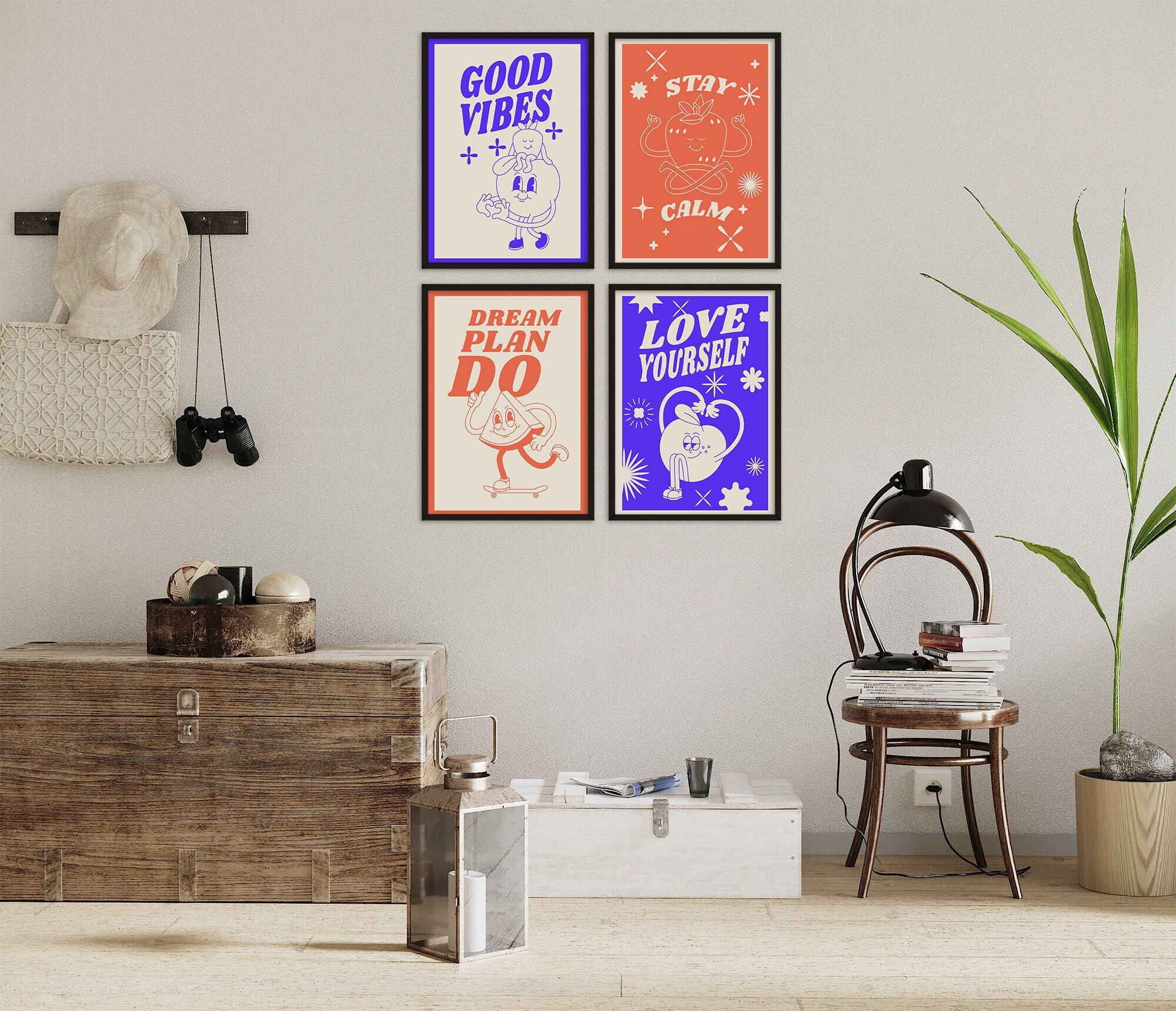 Set of 4 Retro Groovy Poster Printable, 70s Vintage Fun Fruits ...