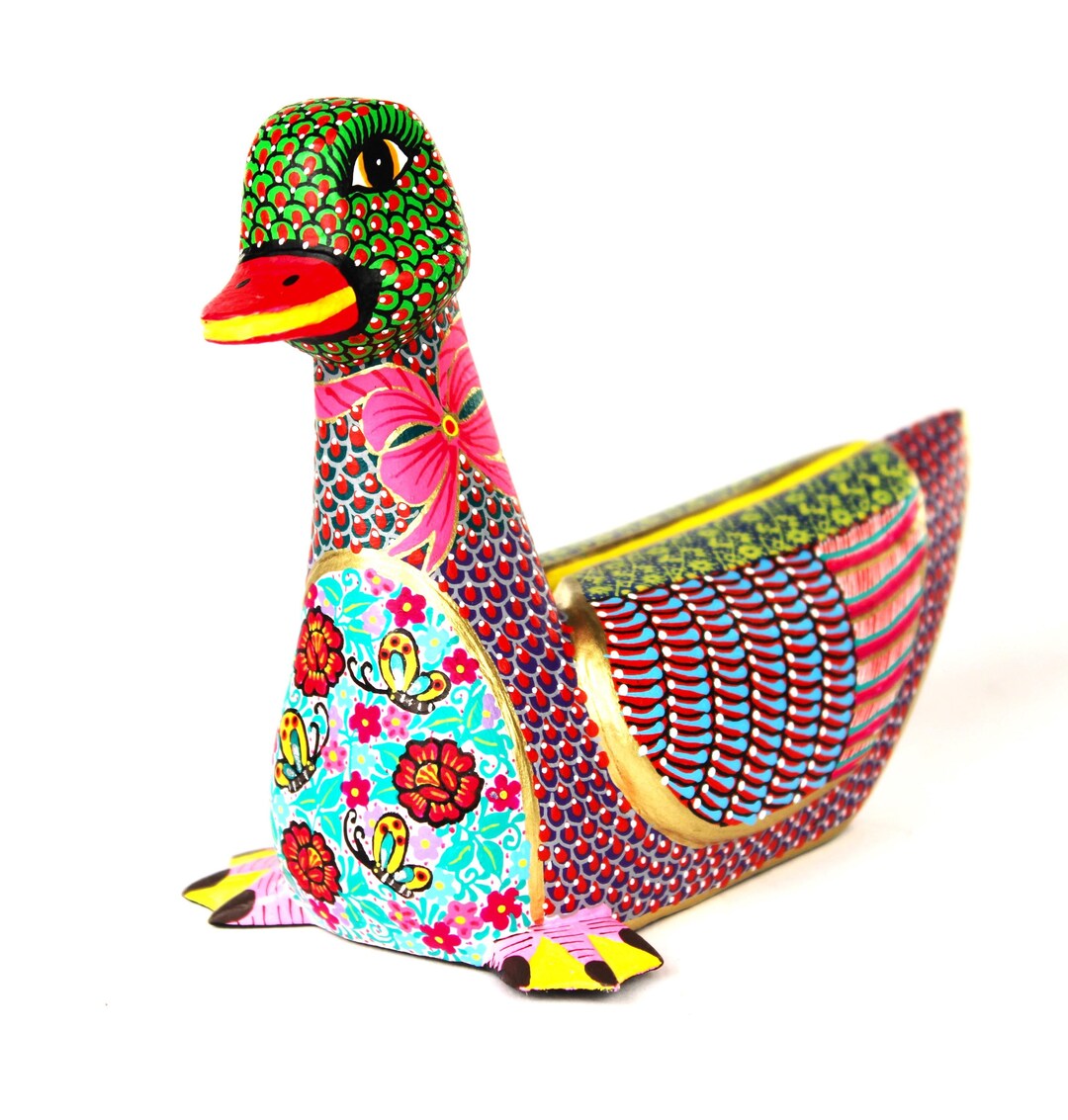 Oaxacan Wood Carving Charming Duck With Flowers and Butterflies by Maria Jimenez Mexican Folk ...