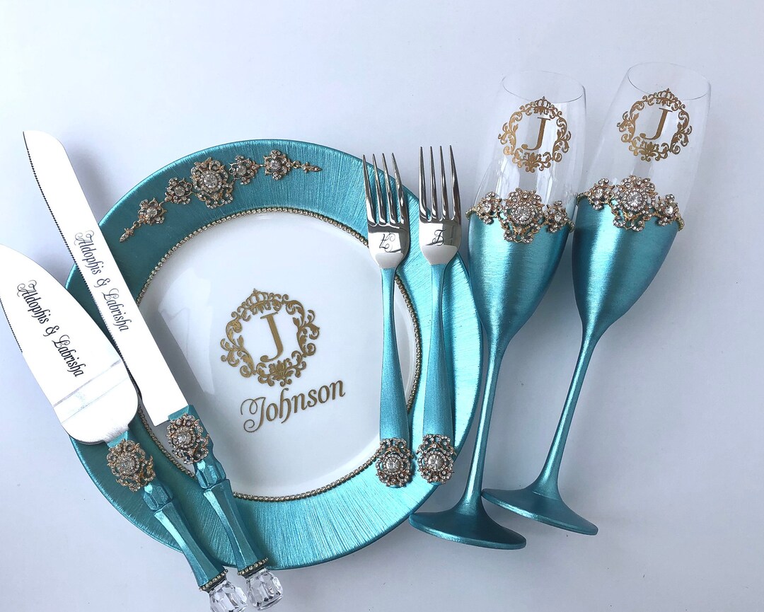 Turquoise Wedding Glasses Turquoise Cake Server and Knife Turquoise ...