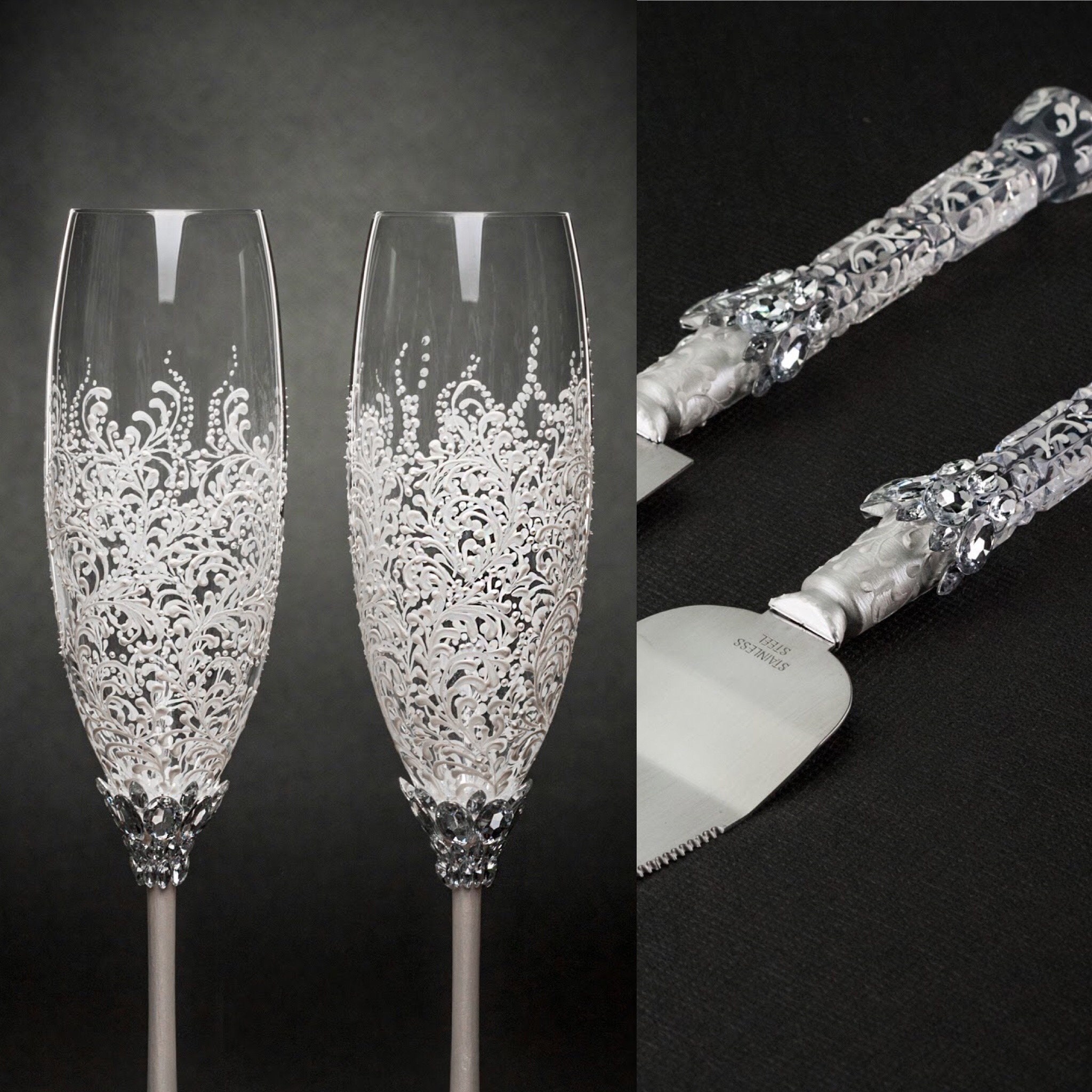 Set of 13: white wedding glasses unity candle set and holders | Etsy