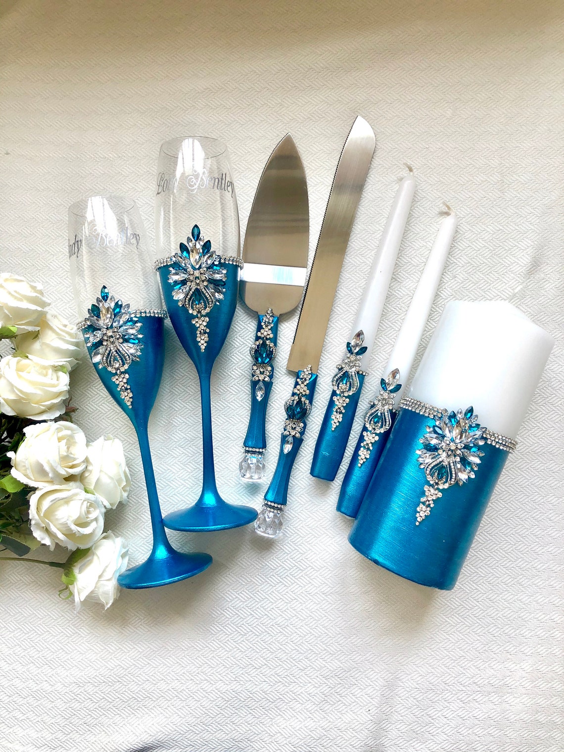 Blue Wedding Set of 7: Blue Wedding Glasses Blue Cake Server - Etsy