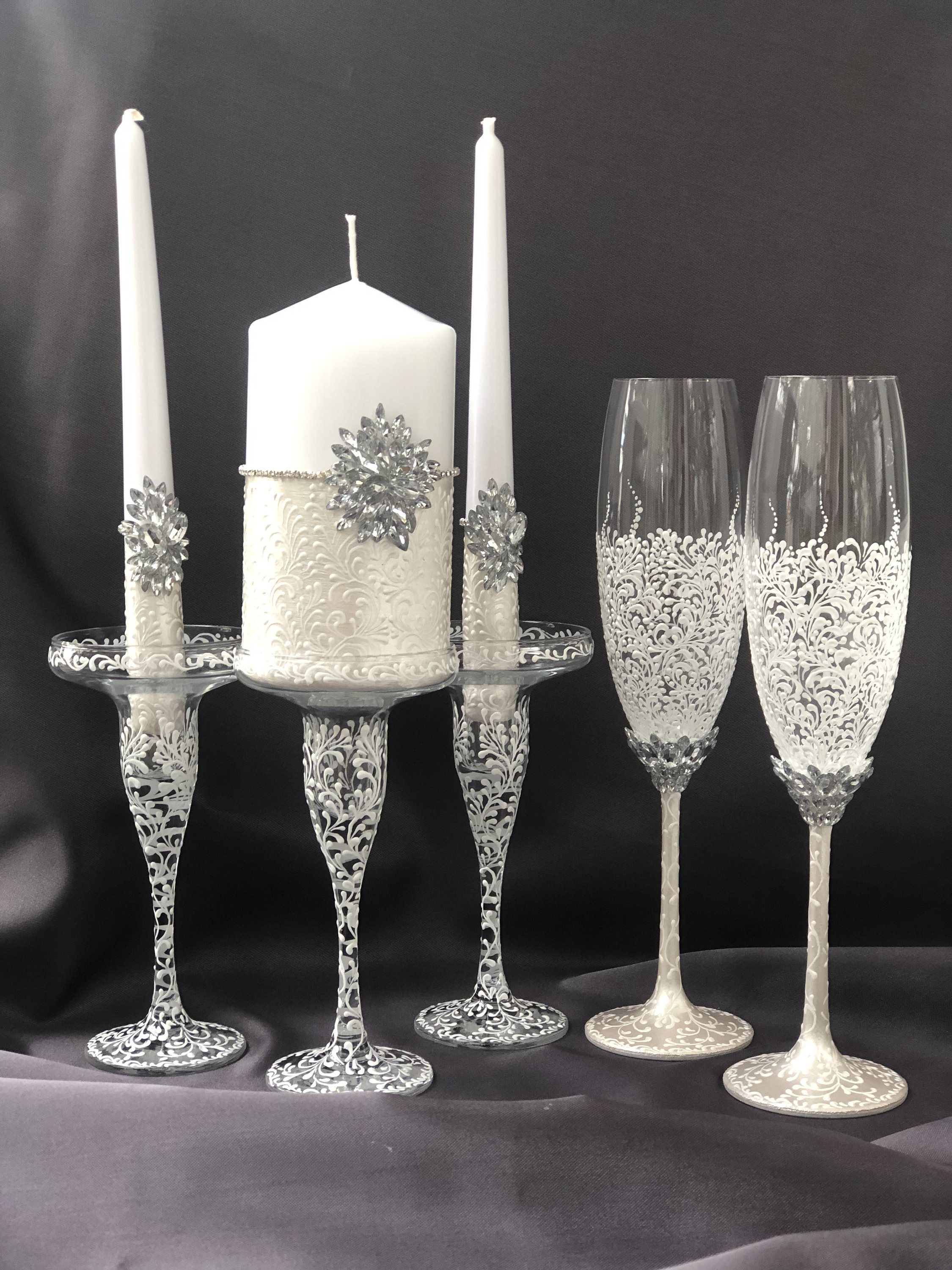 Set of 13: white wedding glasses unity candle set and holders | Etsy