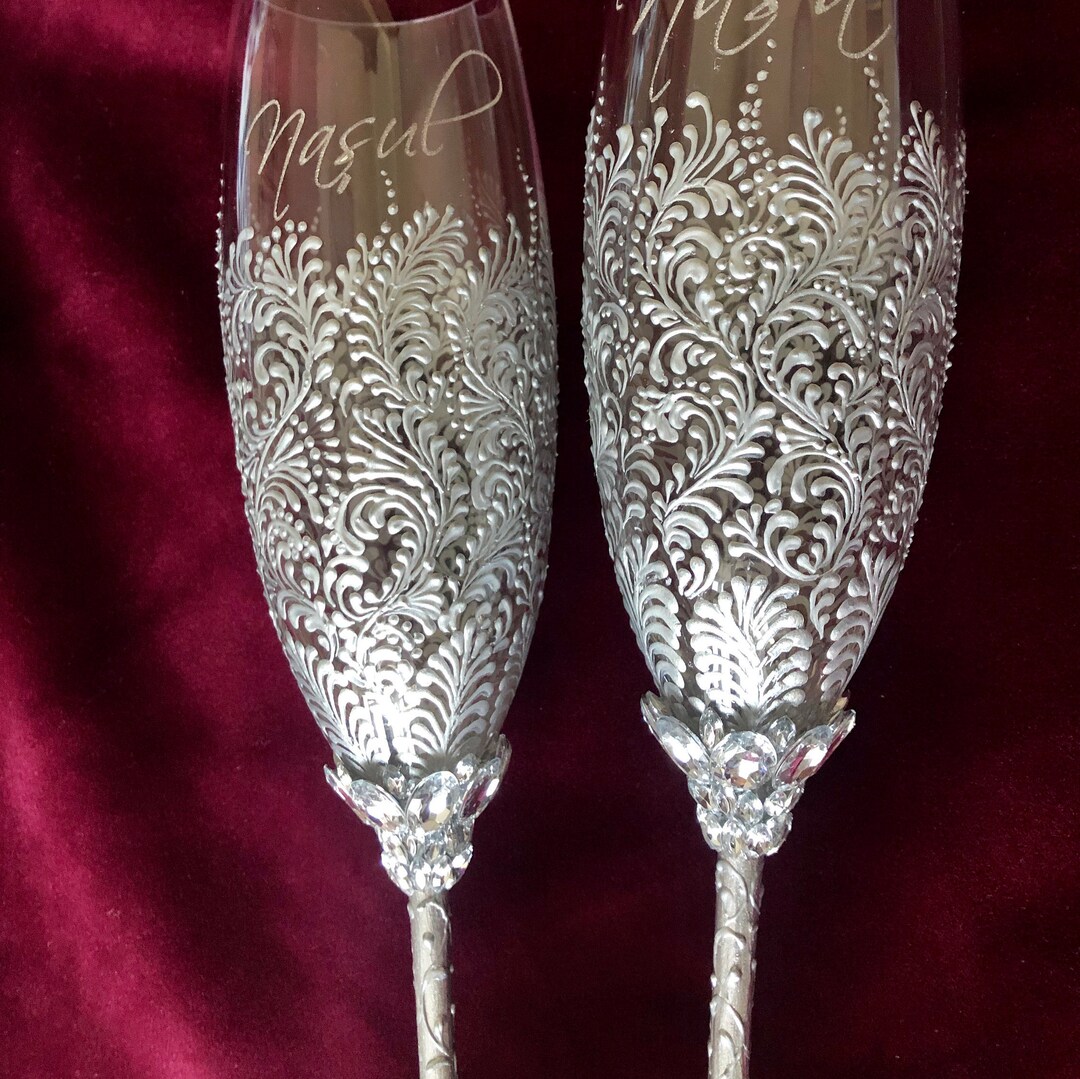 Personalized Silver Wedding Flutes Hand Painted Silver Champagne Flutes ...
