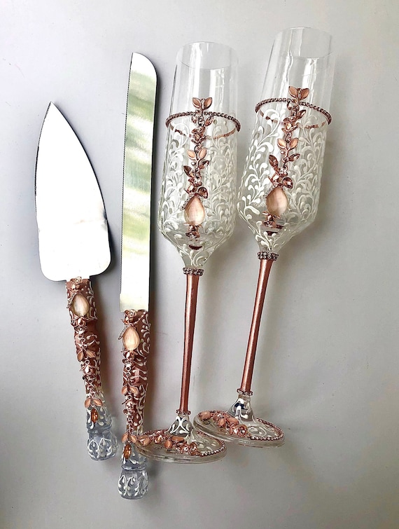 Rose Gold Wedding Glasses Rose Gold Cake Server Knife With - Etsy