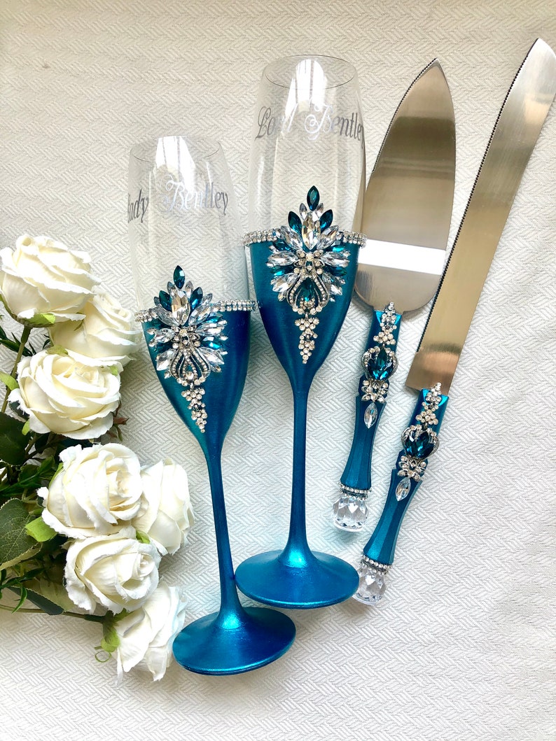 Blue Wedding Set of 7: Blue Wedding Glasses Blue Cake Server - Etsy