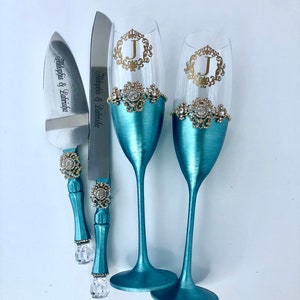 Turquoise Wedding Glasses Turquoise Cake Server and Knife Turquoise ...