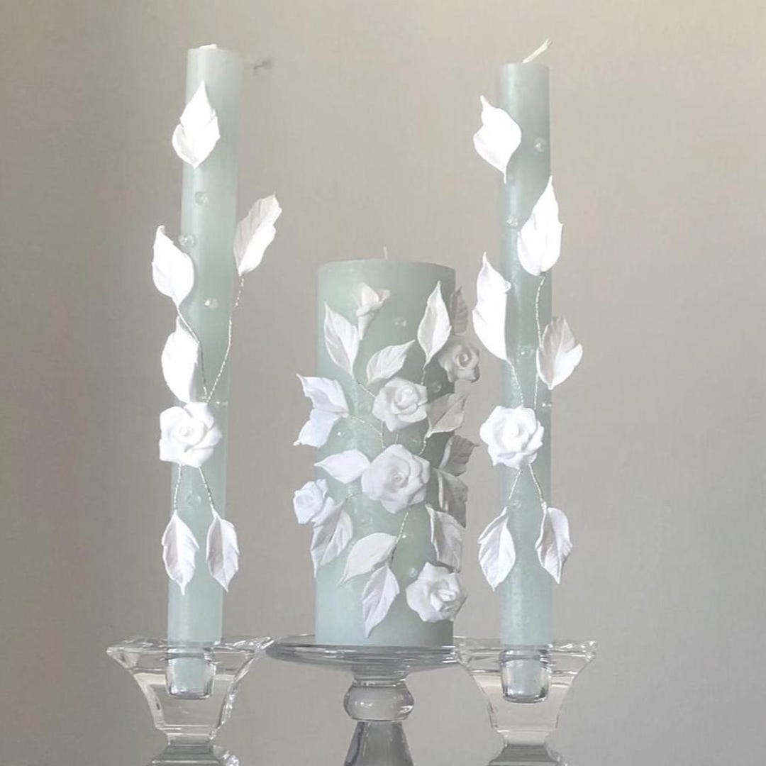 3D Floral Light Green Wedding Candles With White Roses Unity Set - Etsy
