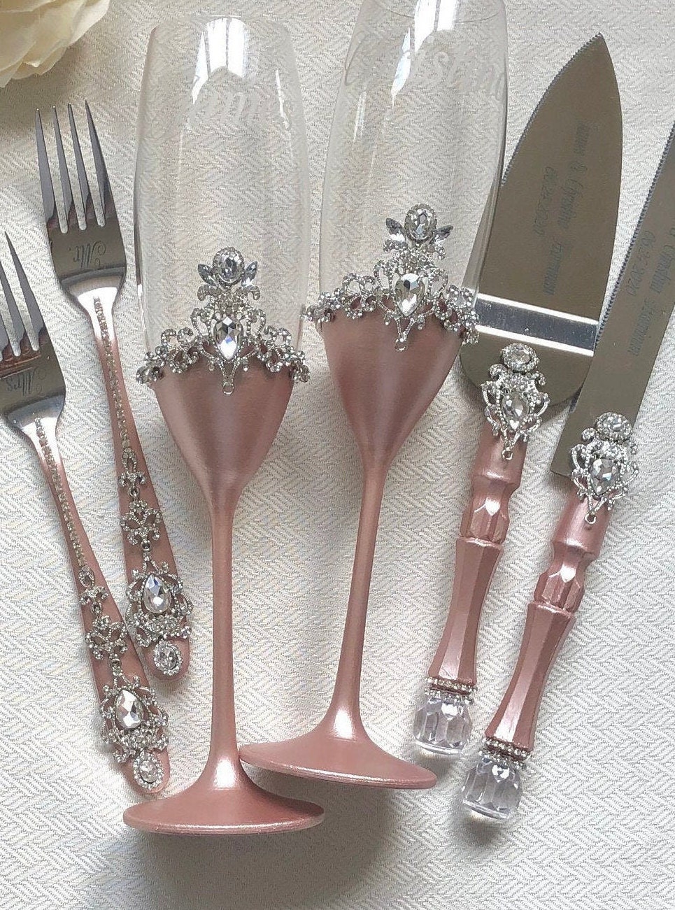 Personalized Rose Gold Wedding Glasses Two Forks and Cake | Etsy