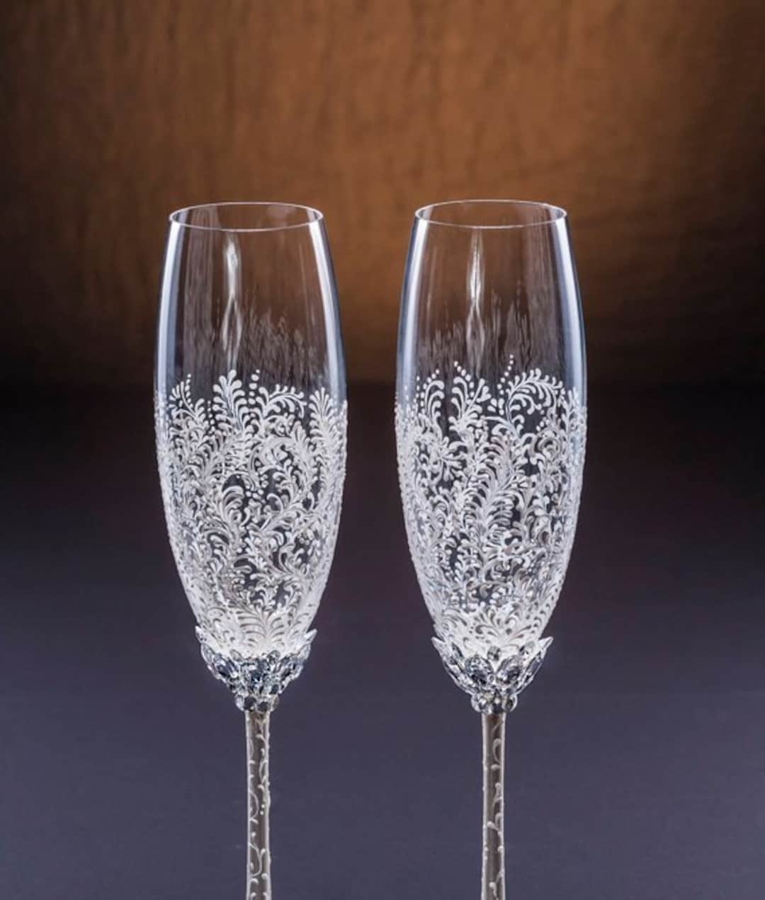 Personalized White Silver Wedding Flutes With Crystals Engraved Wedding ...