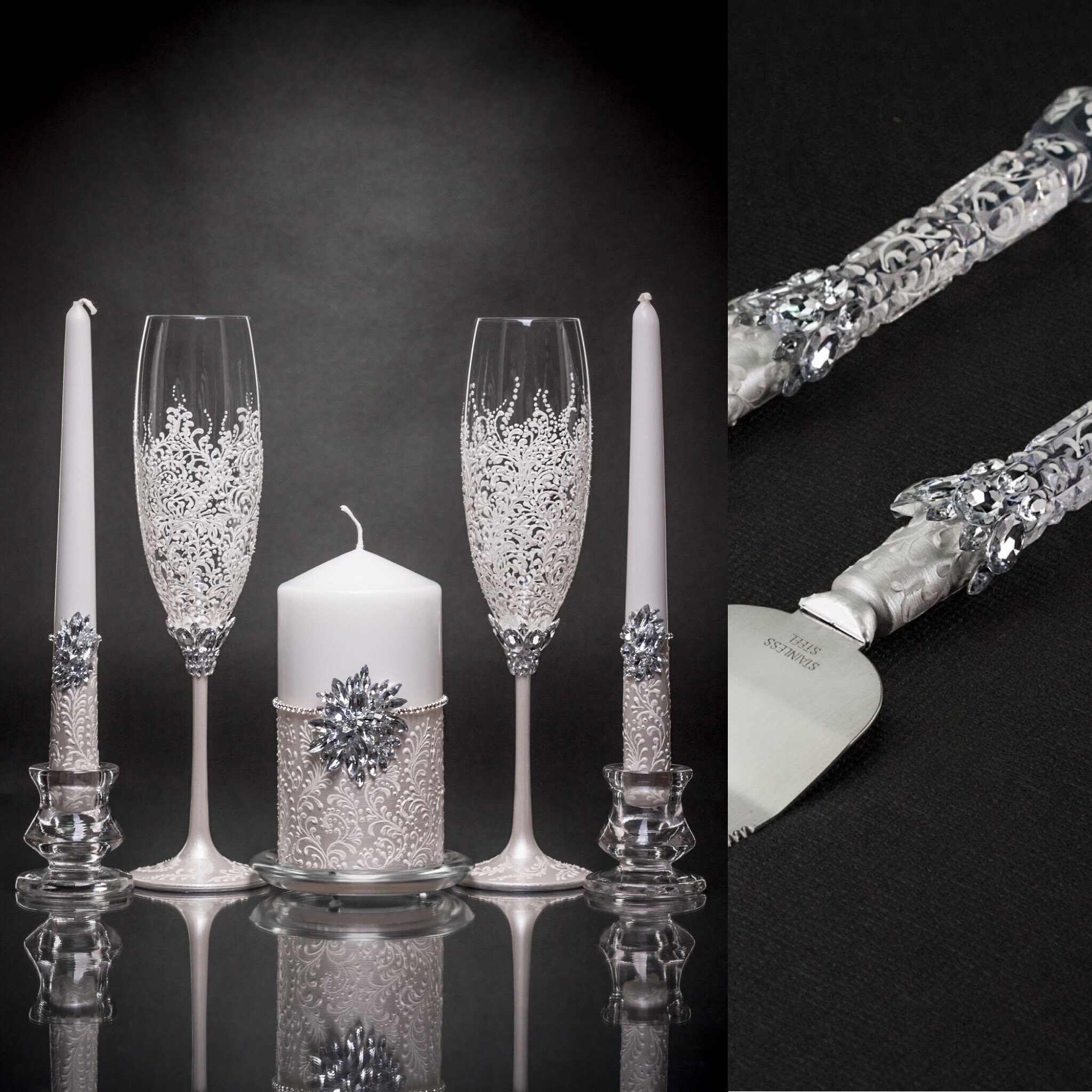 Set of 13: white wedding glasses unity candle set and holders | Etsy