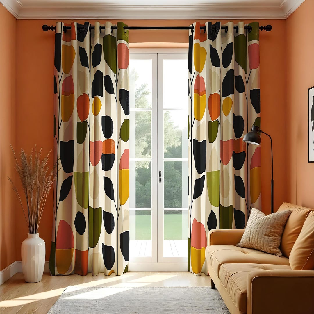 Modern Abstract Floral Curtains, Vibrant Colors Mid Century Modern ...