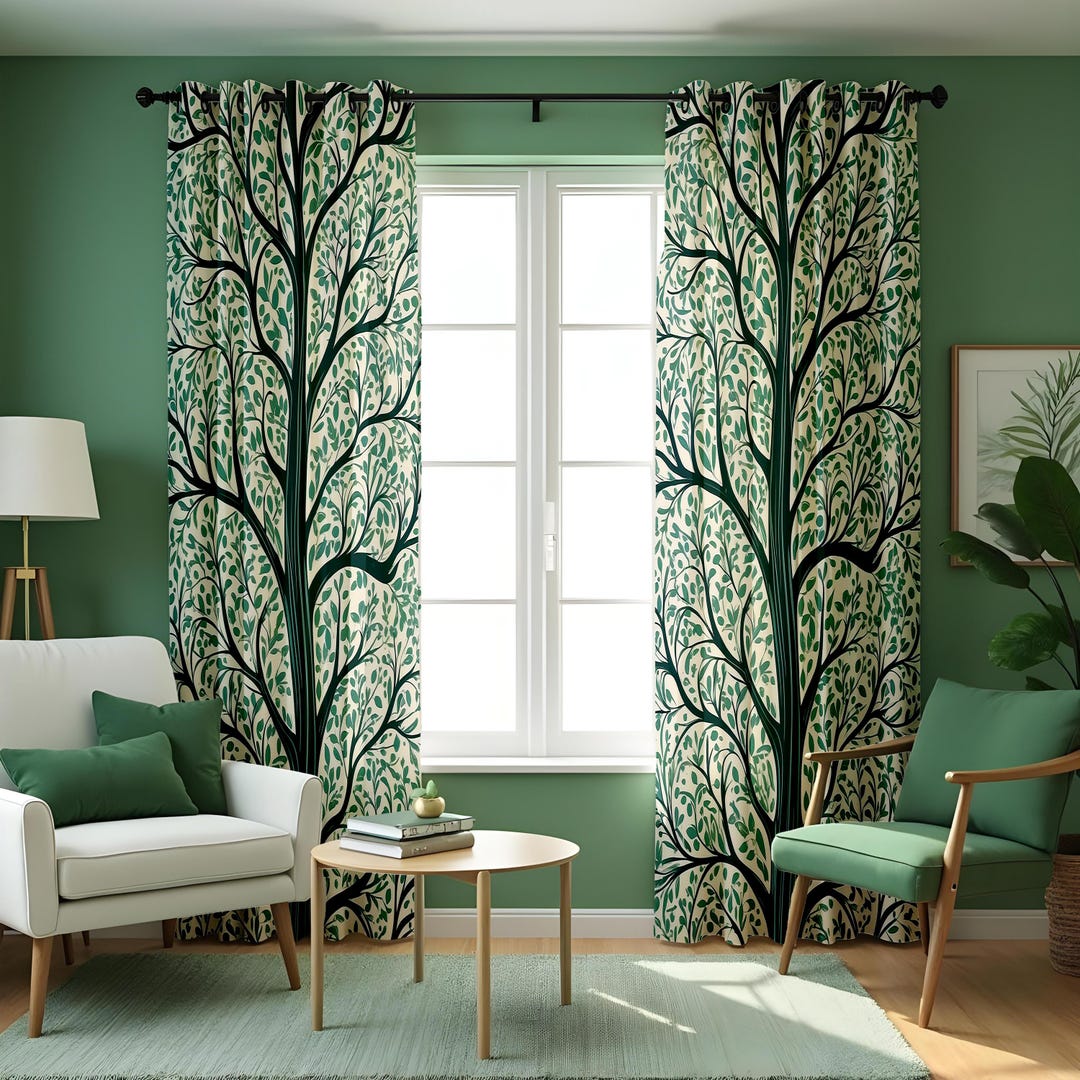 Green Tree Silhouette Curtains, Nature Inspired Branch & Leaf Pattern ...