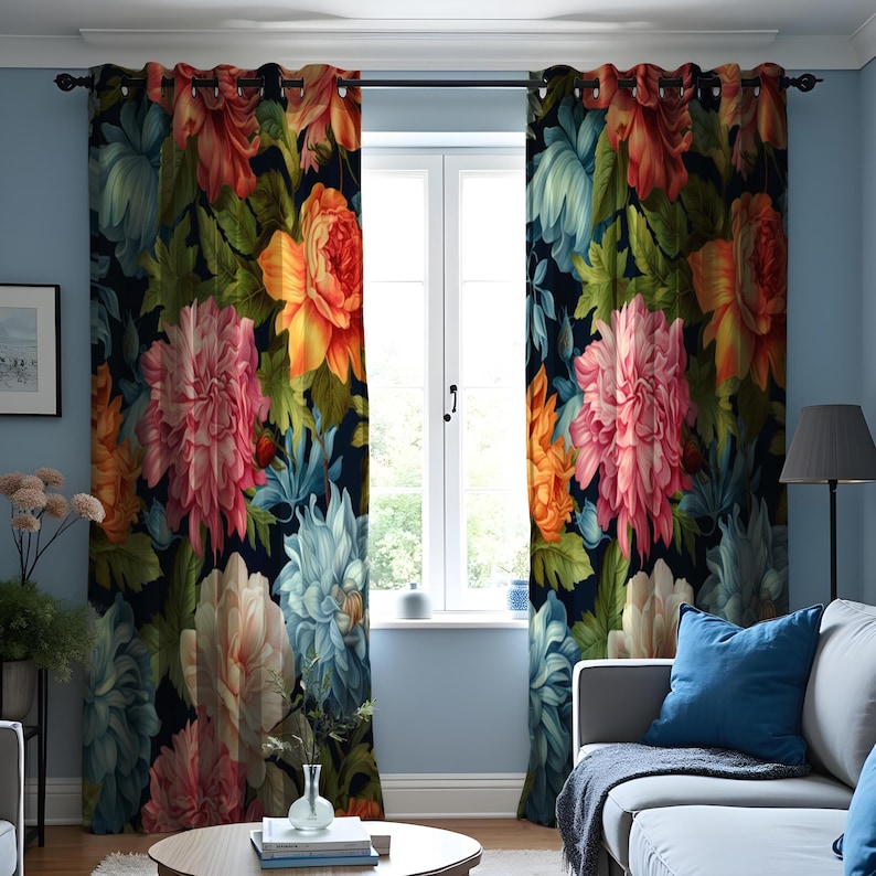 Vibrant Floral Curtains, Large Peony & Rose Design, Bold Colors Window ...