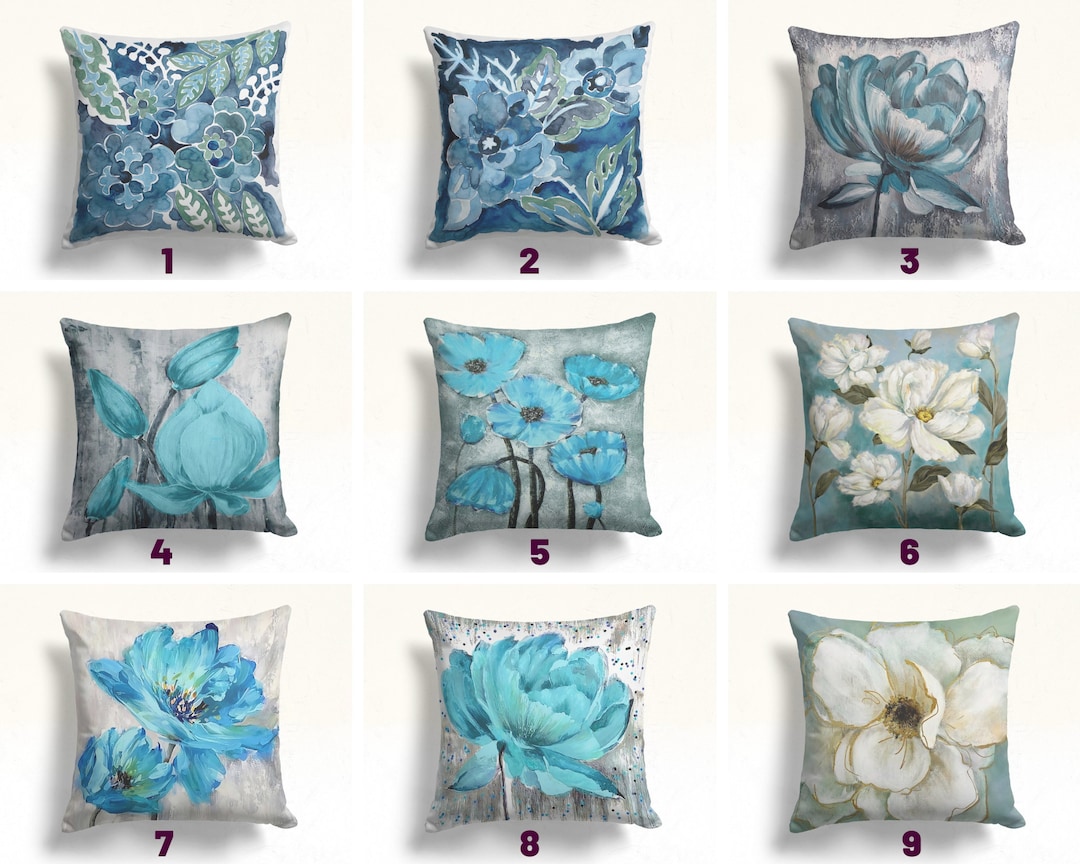 Blue Floral Cushion Cover, Turquoise Flower Pillow Case, Decorative ...