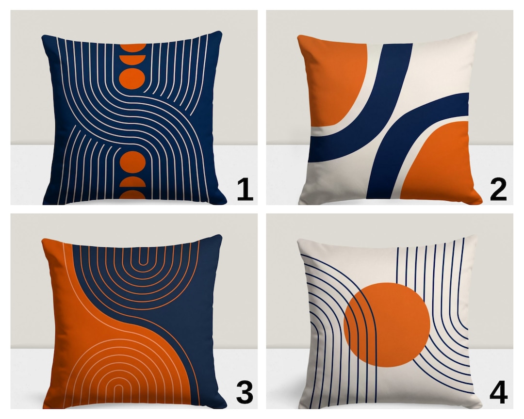Abstract Geometric Pillow Cover, Navy Blue and Orange Home Decor ...