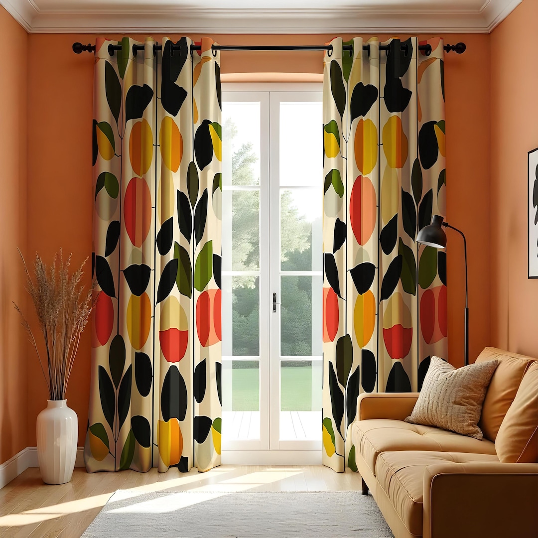 Mid Century Modern Floral Curtains, Bold Abstract Leaf and Flower ...