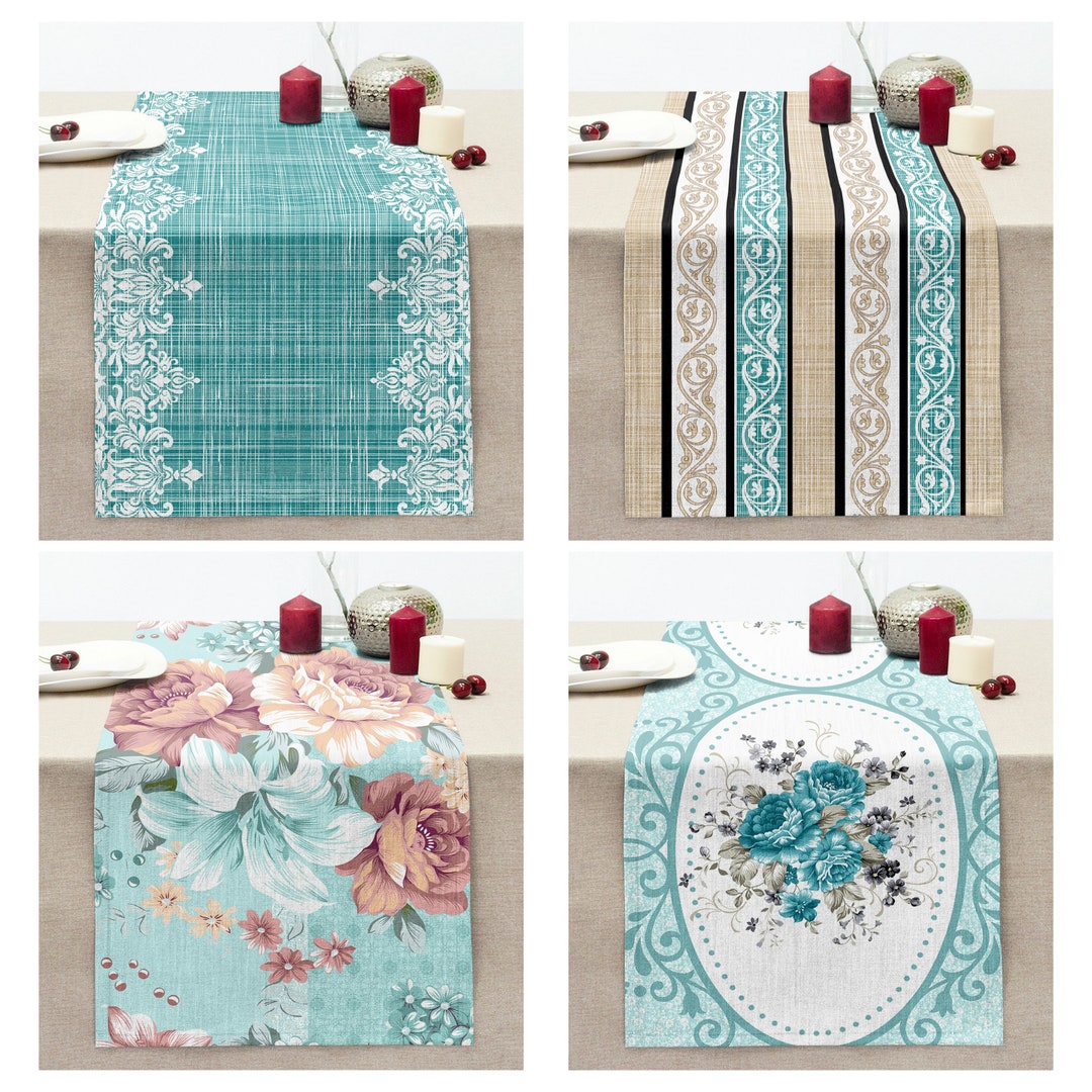 Turquoise Stripe Floral Table Runner, Blue Flower Design, Ideal for ...