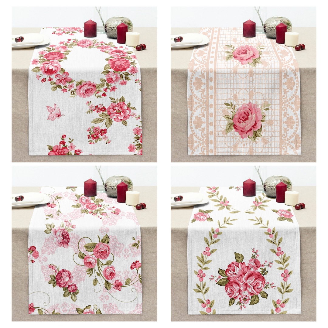 Rose Table Runner, Farmhouse Floral Table Cloth, Pink Flower Dining ...