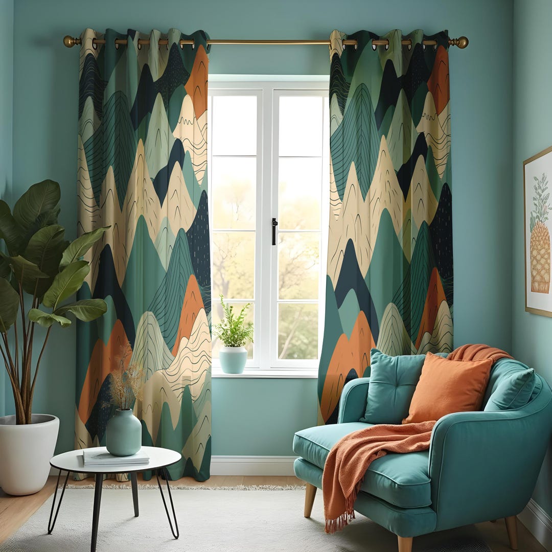 Abstract Mountain Landscape Curtains, Earthy Green & Terracotta Scenic ...