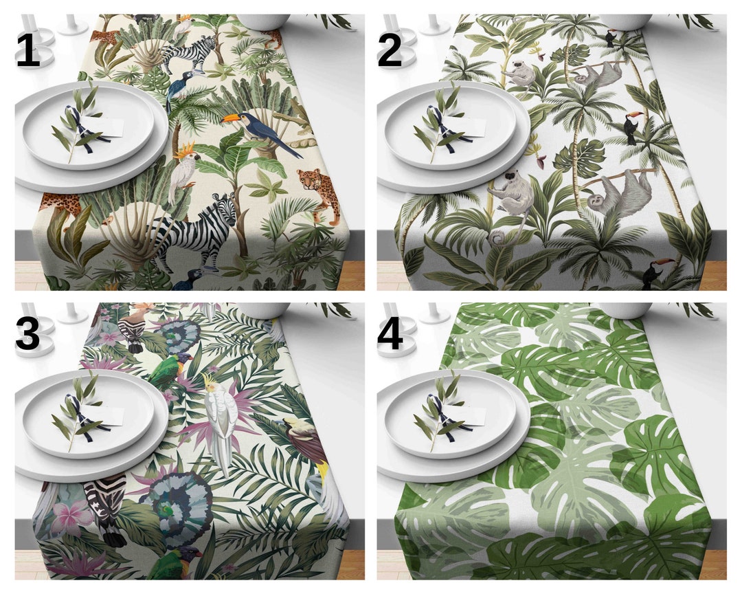 Safari Animals Table Runner, Exotic Table Top, Green Floral Leaves ...