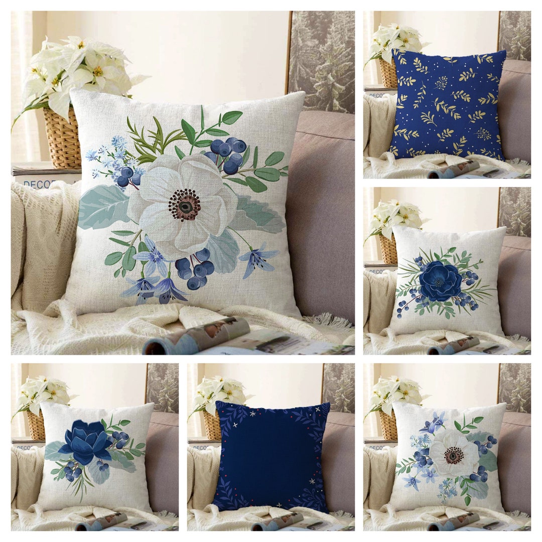 Navy Blue Flower Cushion Cover|white Floral Pillow Case|living Room ...